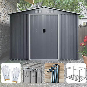 Evedy 8 x 6 FT Outside Storage Shed, Metal Outdoor Storage Sheds with Sliding Doors, Large Garden Shed Outdoor Utility Tool Shed with Pent Roof for Backyard Patio Lawn