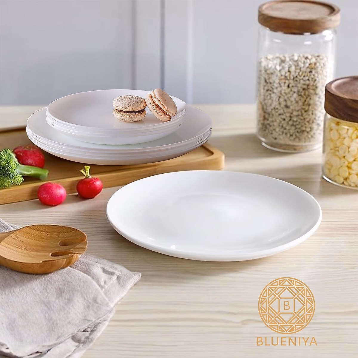 Blueniya 12 Piece Dinnerware Set, Bone China Dish, Round Kitchen, Microwave, Chip Resistant Dishwasher Safe Plates & Bowls Sets, Dinner Set W/Soup Bowls for Everday, Wedding & Thanksgiving (White)