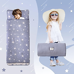 Wowelife Star Nap Mat for Kids, Toddler Nap Mat for Boys and Girls, Napping During Daycare or Preschool, Kids Rolled Nap Mats with Removable Pillow and Fleece Blanket, Soft Microfiber