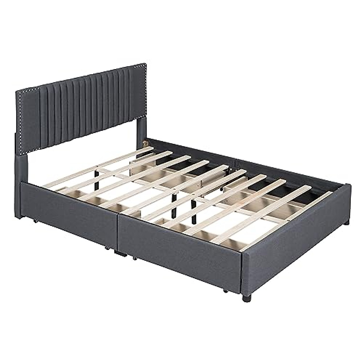 WADRI Modern Queen Size Upholstered Platform Bed with Classic Headboard and 4 Drawers, Linen Fabric Platform Bed Frame with Wood Slat Support for Kids Teens Adult Bedroom (Gray + Linen-4)