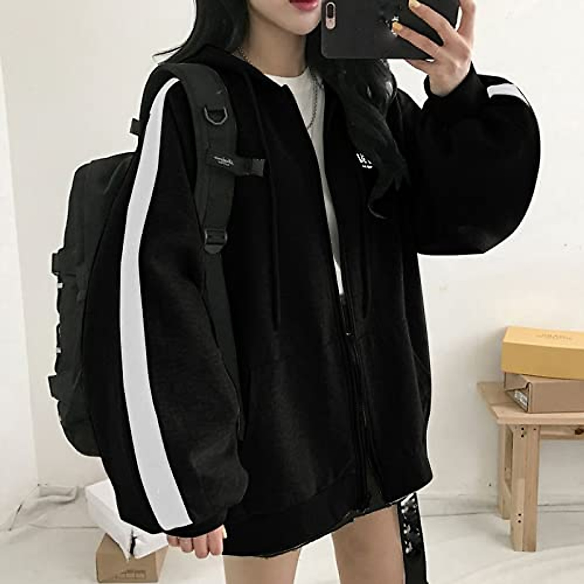 Zip Up Hoodie Women Casual Oversized Basic Hoodies Y2k Streetwear Baggy Sweatshirts Soft Jacket Teen Girls Gothic Clothing J Black