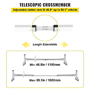 VEVOR Van Roof Ladder Rack, 3 Bars, 661 LBS Capacity, 46.9"-59.1" Adjustable Middle Bar Steel Roof Racks, Rain-Gutter Mount Racks Fit Most Van Rails, Universal Design, White
