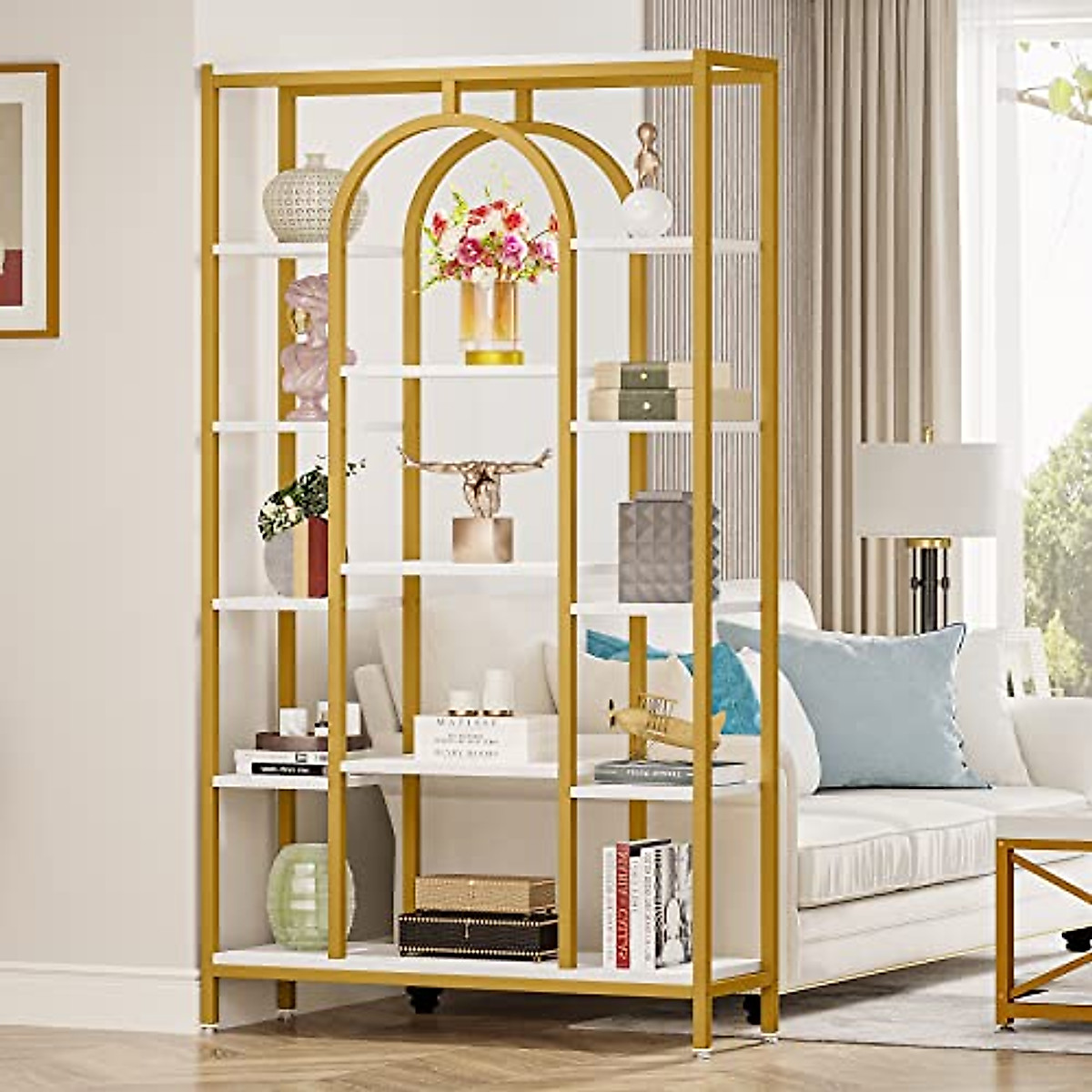 Tribesigns 5-Tier Bookshelf, Modern Tall Bookcase Book Shelf Organizer Freestanding Open Display Shelves for Bedroom Living Room Home Office, 70.8" H x 39.4" L, White/Gold
