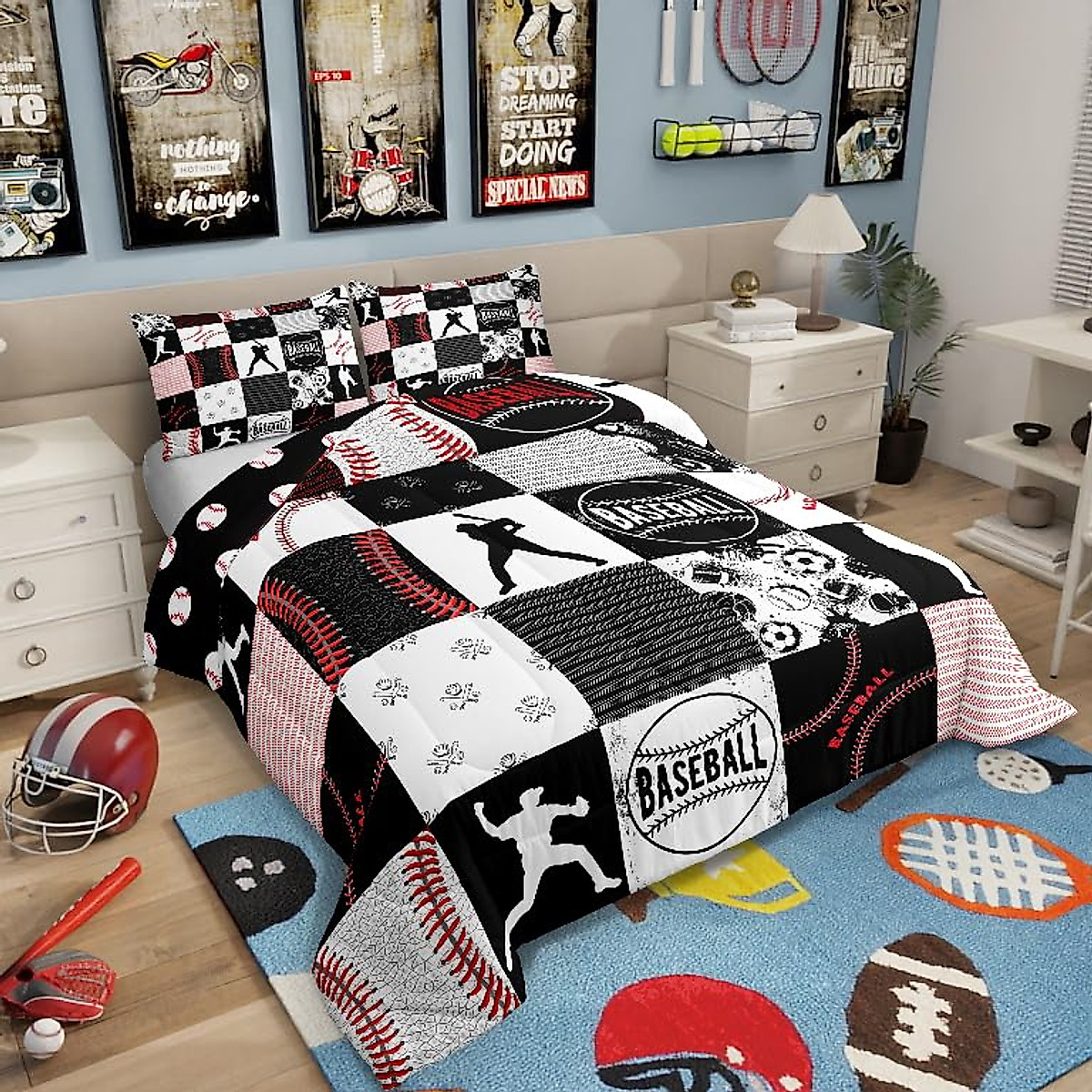 Erosebridal Twin Kids Baseball Comforter Set Softball Bedding Set Sports Game Quilted Comforter for Kids Patchwork Down Comforter Baseball Gift Duvet Insert 2pcs, Red Black Gray,Twin