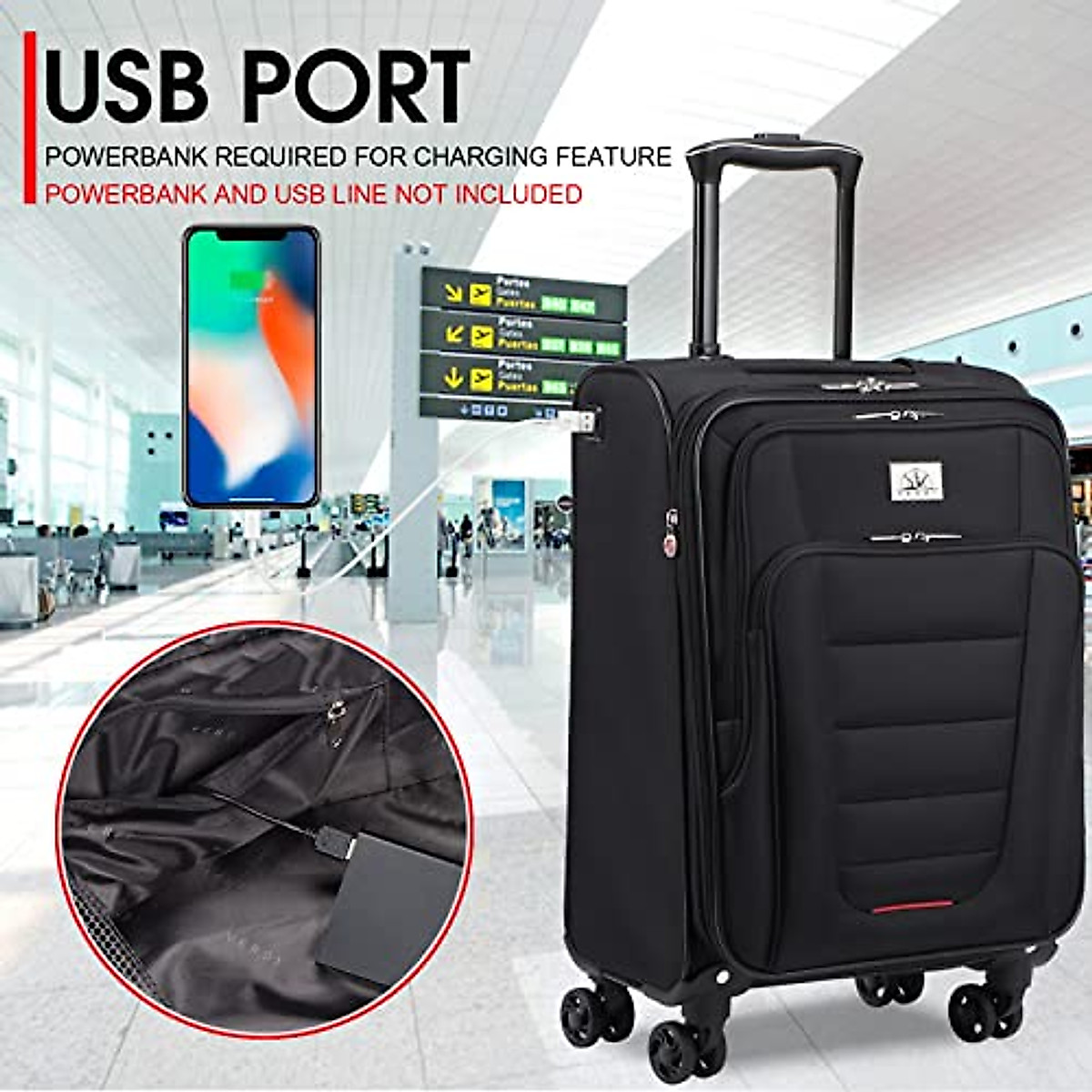 Verdi Travel Carry On Luggage with Spinner Wheels Softshell Lightweight Expandable 20 Inch Suitcase with USB Charging Port and 8-wheel Spinners Carryon Bag