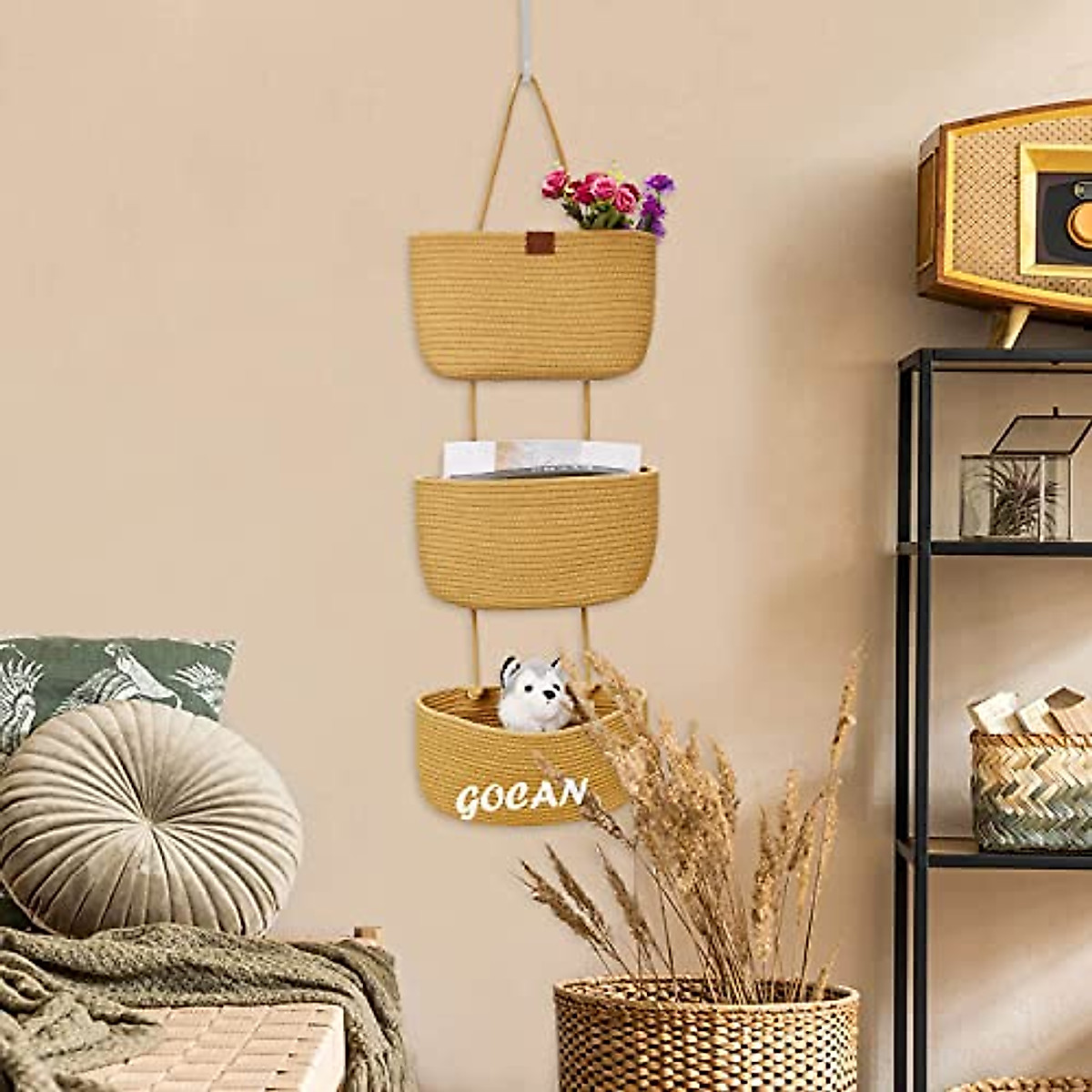GOCAN Hanging Storage Baskets Over the Door Hanging Basket, 3-Tier Cotton Rope Woven Hanging Organizer, Detachable Decorative Hanging Baskets for Wall Living Room, Bathroom and Bedroom(Jute)
