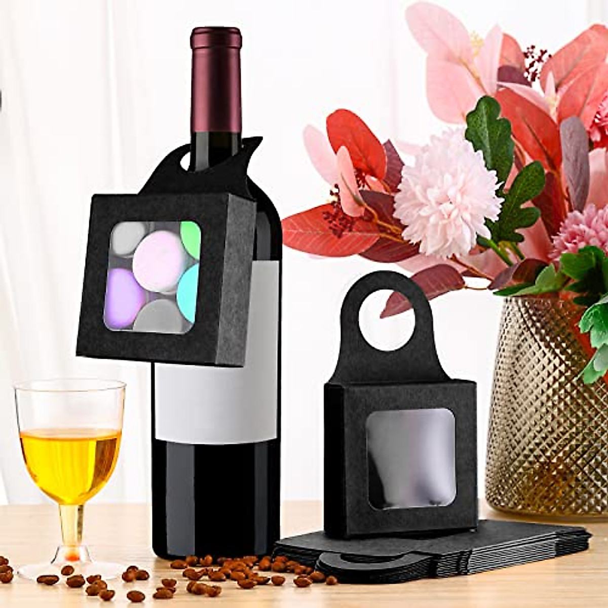 25 Count Kraft Paper Wine Bottle Box with Window Hanging Foldable Gift Boxes Wine Boxes for Gifts Empty Wine Bottles for Decoration Bottle Hanger Favor Box (Black, 3.5 x 3.5 x 1.2 Inches)