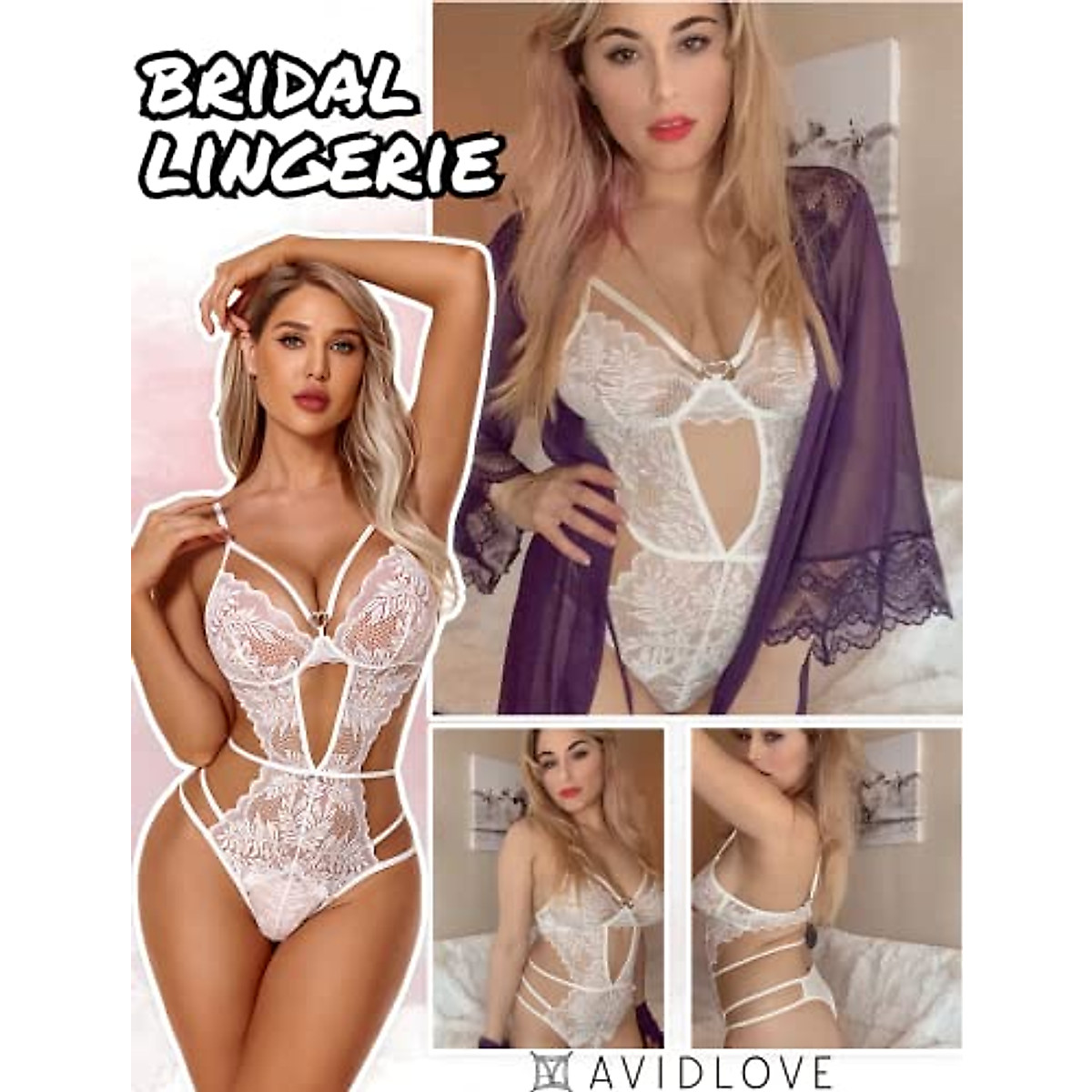 Avidlove Lingerie for Women Sexy Naughty White Lingerie Bridal Lingerie Teddy Deep V Sexy Lace Bodysuit L