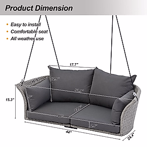 VnndeNest 2 Person Wicker Hanging Swing Bench with Removable Cushions, Outdoor Patio Swing Chair for Adults with Chains, Modern Outdoor Porch Swing for Backyard, Garden, Gray Wicker and Cushion
