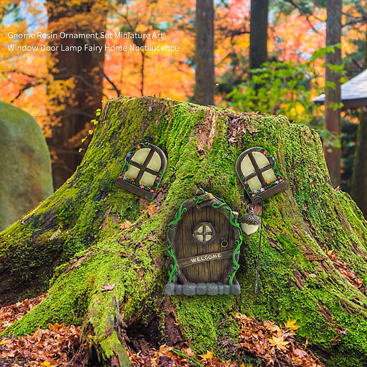 CALIDAKA 3pcs Miniature Fairy Gnome Home Window and Door Lamp for Trees Decoration,Stone Shape Glow in Dark Fairies Sleeping Door and Windows for Yard Art Garden Noctilucence Sculpture