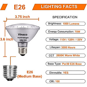 Vinaco PAR30 Short Neck 75W, 6 Pack High Output PAR30 Halogen Flood Light Warm White 2800K, PAR30 Dimmable, Long Lasting PAR30 Flood Light Bulb 120V with E26 Base for Indoor/Outdoor