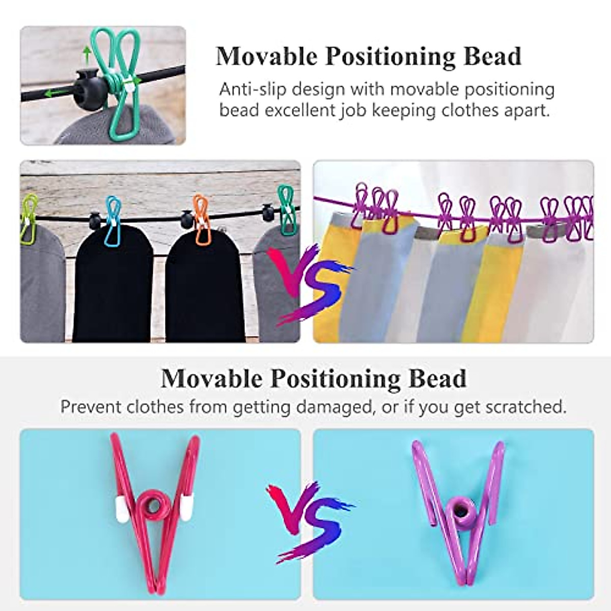 Techops Portable Clothesline, Retractable Adjustable Clothes Line Rope with 12 Clothespins, 13 Anti-Skid Clips, Windproof Travel Camping Drying Clothes Rope for Hotel, Outdoor and Indoor