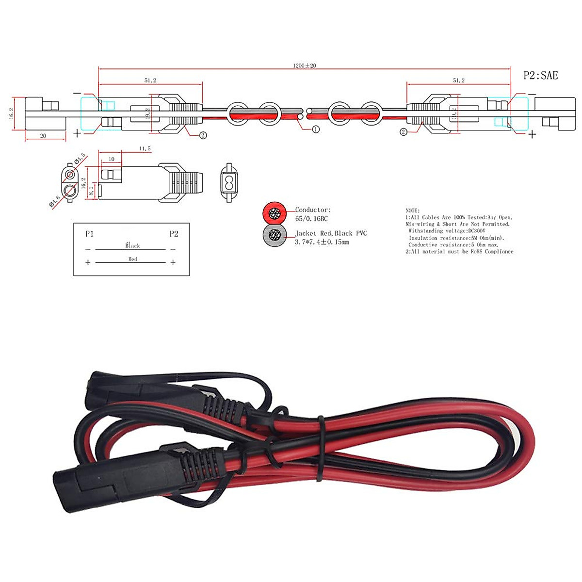 Ovitar O Ring Terminal SAE Cable - 12V-24V Quick Disconnect Extension Cable 2 Pin DC Connection Cord Plug for Camp Trailer Solar Panels Battery