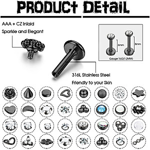 Sanfenly Lip Rings for Women Men 16G Medusa Labret Lip Piercing Jewelry 6MM Lip Ring Studs Black Tragus Helix Cartilage Earrings