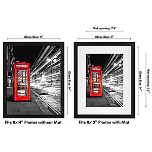 Americanflat 11x14 Black Picture Frame - Displays 8x10 With Mat or 11x14 Without Mat - Composite Wood with Shatter Resistant Glass - Horizontal and Vertical Formats for Wall