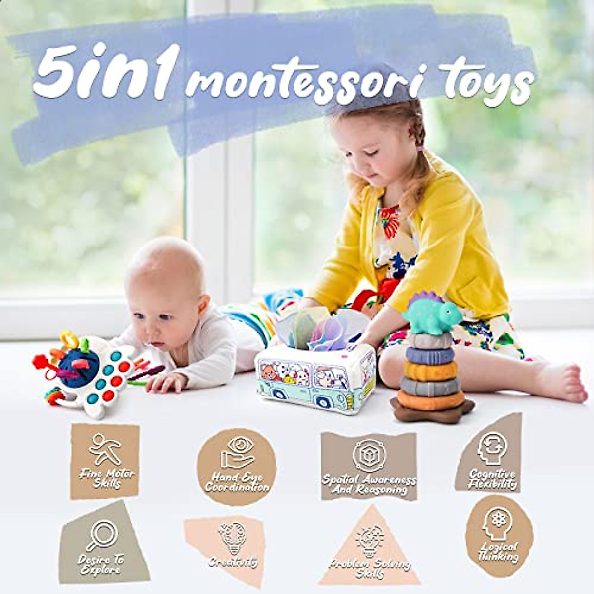 5 in 1 Baby Montessori Toys Set Include Shape Sorter Bin with Sound, Baby Tissue Box, Stacking Cups, Pull String Toy, Soft Stacking Rings, Sensory Toys for Infants Toddlers