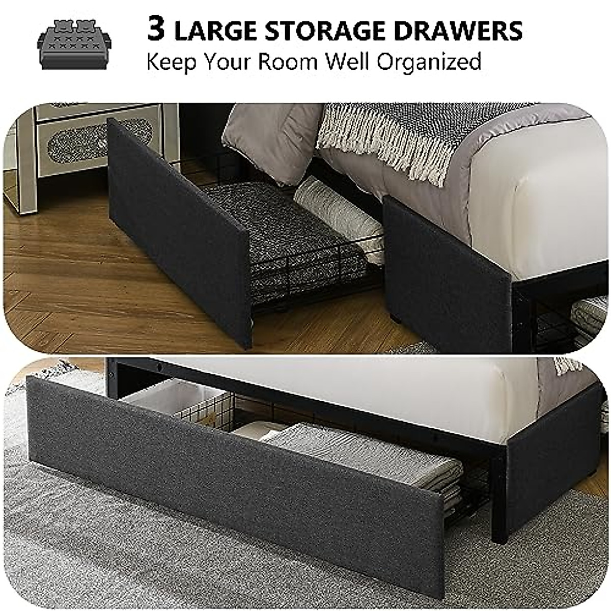 Queen Bed Frame with 3 Storage Drawers, Fabric Upholstered Platform Bed Frame Queen Size Queen No Fixed Headboard,Strong Matel Frame and Wooden Slats Support No Nosie No Box Spring Needed (Queen)