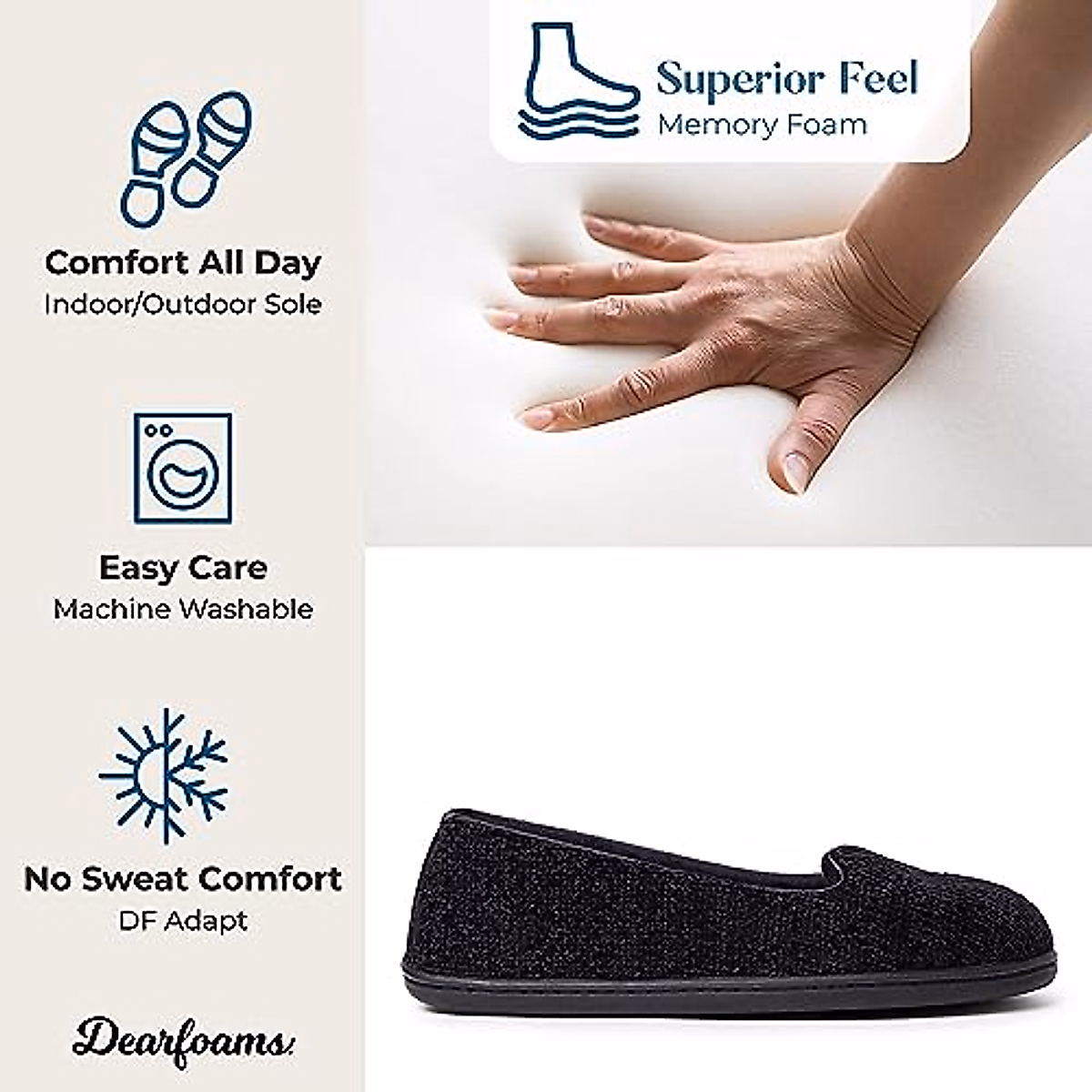 Dearfoams Women's Rebecca Lightweight Cozy Memory Foam Closed Back Slipper with Wide Widths, Black Chenille, 7-8