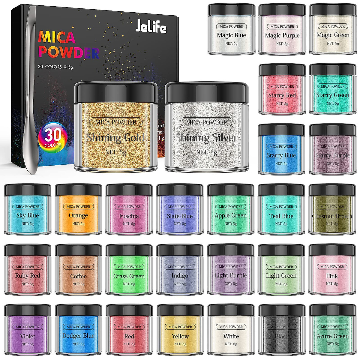 Mica Powder for Epoxy Resin - 30 Colors Pigment Powder Resin Dye, Natural Cosmetic Grade Glitter Colorant Pearlescent Powder for Paint, Soap Making, Nail Polish, Candle Making, Bath Bombs, Slime, 5g