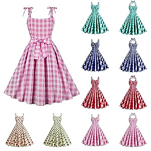 ZDJNSZTM Vintage Dress for Women 1950s Pink Gingham Halter Neck/Spaghetti Straps Swing Sundress Retro Rockabilly Cocktail Tea Party Midi Dresses 50s Outfits for Women 1950 Style Clothing for Women