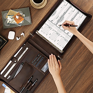 Leather Business Checkbook Binder - 7 Ring Zippered Binder with Check Book Holder for 3 Per Page, 600 Checks Capacity for 9 x 13 inch Sheets, Dark Khaki