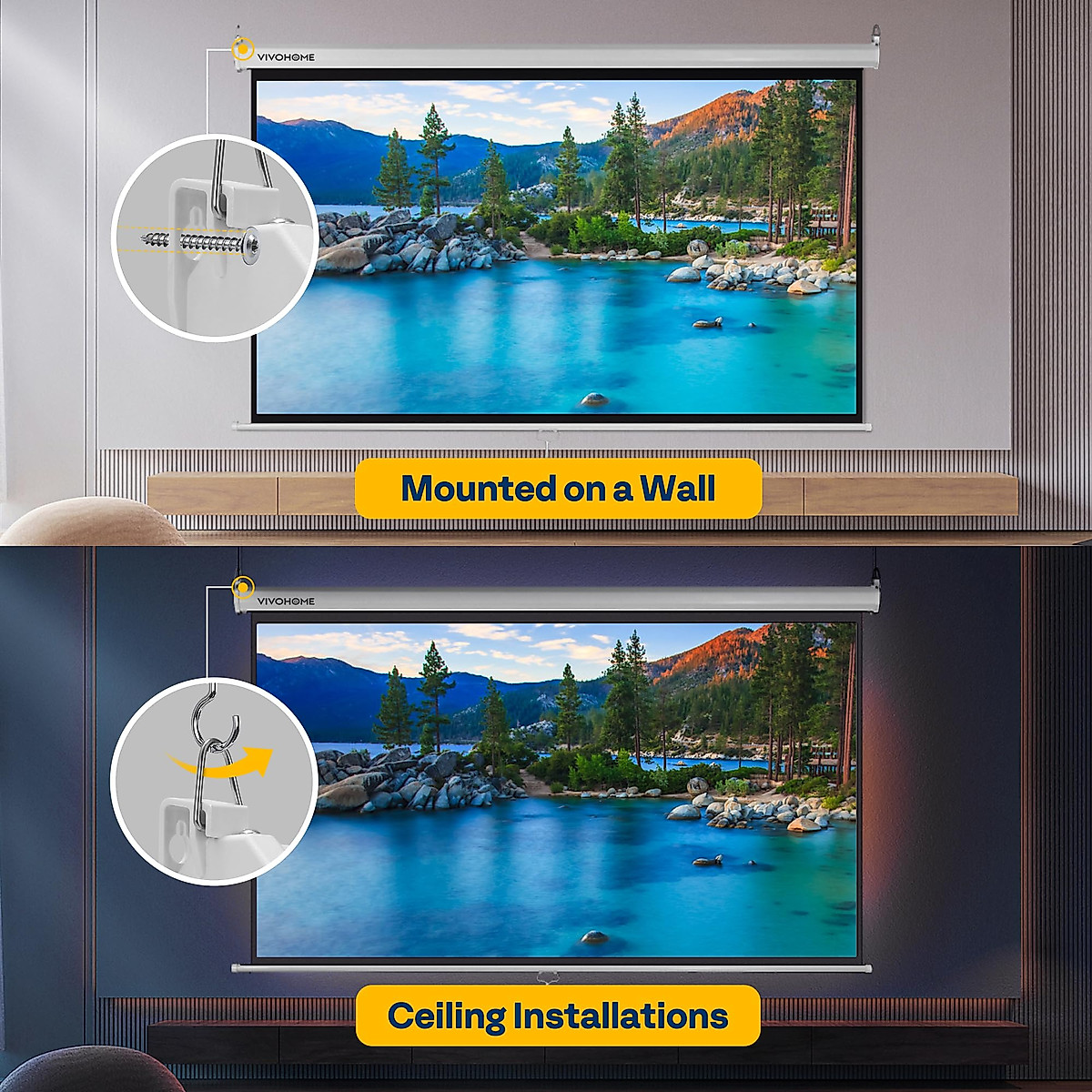 VIVOHOME Projector Screen Pull Down, 16:9 80 Inch Retractable Projection Screen, HD 4K Manual Pull Movie Screen for Home Theater, Cinema, Office (70x40 Inch White)