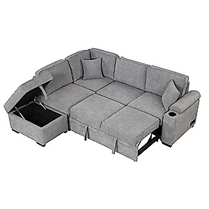 Melpomene Sectional Sleeper Sofa with Pull-Out Bed and Storage Ottoman, Modern L-Shape Couch w/USB Port and Cupholder,Grey
