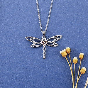 MANBU Sterling Silver Dragonfly Necklace Bracelet for Women Celtic Infinity Dragonfly Pendant Christmas Jewelry Gifts for Dragonfly Lovers (rosegold heart)