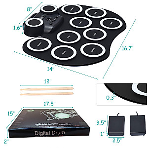 Costzon 9 Pads Electronic Drum Set with LED Light, Portable Roll up MIDI Drum Practice Pad w/Bluetooth, 7 Tones & Rhythms, 10 Demos, Foot Pedals, 2 Built-in Speakers, for Beginners Kids (Black)