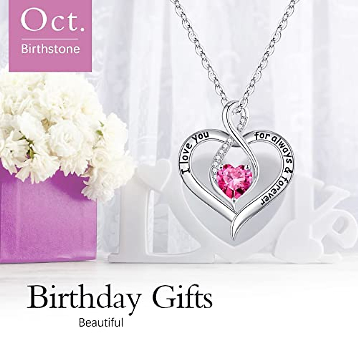 Ursilver Love Heart Pink Sapphire Birthstone Necklace - S925 Sterling Silver Birthstone Necklace October Birthstone Necklace Mothers Day Gifts Christmas Gifts Jewelry Gifts for Women Mom Wife Grandma