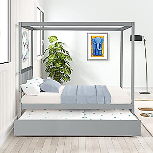 HAUSHECK Full Size Canopy Bed Frame with Trundle, Four-Poster Canopy Platform Bed Frame with Headboard for Kids, Teen, Adults, Sturdy Wooden Slatted Structure, No Box Spring Needed, Easy Assembly
