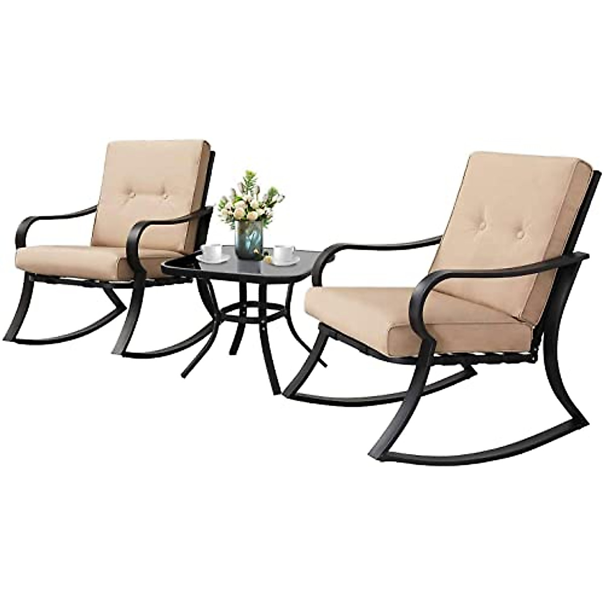 Oakmont Outdoor Furniture 3 Piece Conversation Bistro Set Rocking Chairs and Glass Top Table, Thick Cushions, Black Steel (Brown)