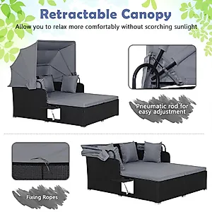 Tangkula Patio Rattan Daybed with Retractable Canopy, Patiojoy Wicker Sun Lounger with 2 Foldable Side Panels, Thick Seat & Back Cushions, for Garden, Backyard, Porch (Grey)