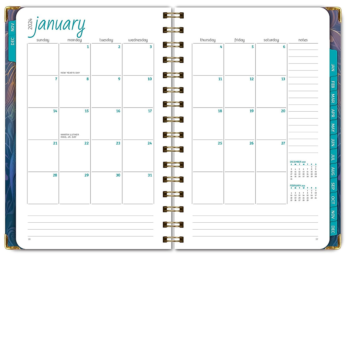 Global Printed Products HARDCOVER 2024 Planner: (November 2023 Through December 2024) 5.5"x8" Daily Weekly Monthly Planner Yearly Agenda Bookmark, Pocket Folder & Sticky Note Set (Pastel Peacock)