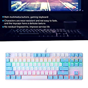 ASHATA Mechanical Keyboard, 87 Keys LED Backlit Mechanical Keyboard, Blue Switch Mixed Light Compact Mechanical Gaming Keyboard for PC Desktop Laptop (White Blue)
