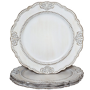 Spsyrine Antique White Charger Plates, Set of 6 Embossed Baroque Chargers for Dinner Plates, Wedding, Party