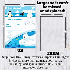 Arctic Friends Winter Birthday Party Invitations with Penguin, Narwhal, Whale, Polar Bear and Seal. 20 5x7 Fill In Cards with Twenty White Envelopes by AmandaCreation