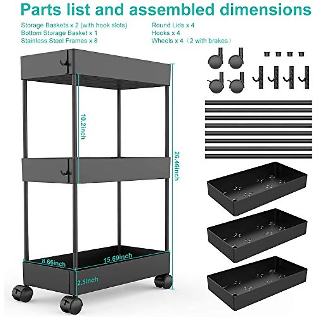 KirinRen 3- Tie Slim Storage Cart with Wheels, Rolling Organizer Cart with Shelves, Slide Out Storage cart Laundry, Mobile Shelving Unit Organizer for Kitchen, Bathroom, Bedroom, Office (White)