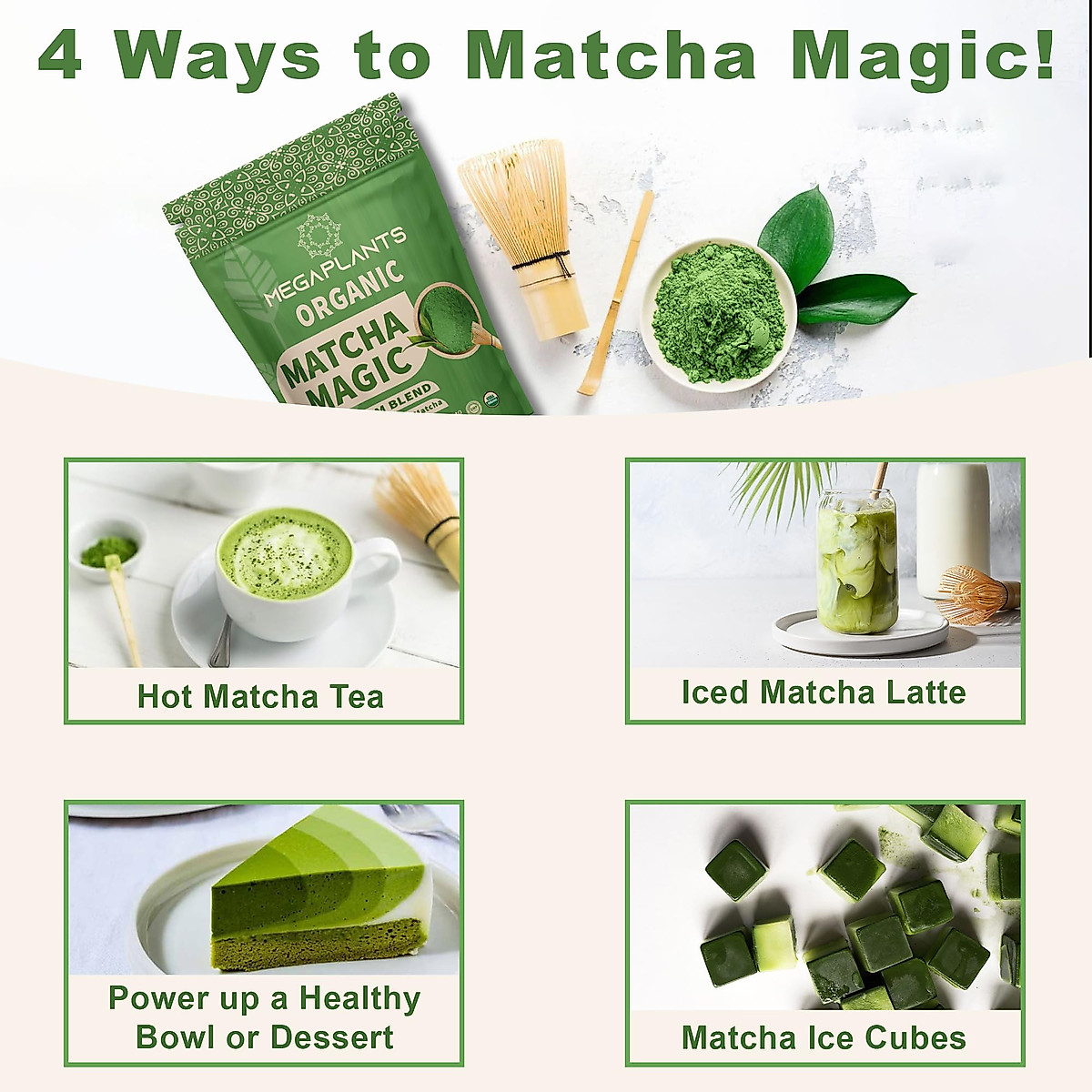 MEGAPLANTS Matcha Magic (50 Servings) | Superfood 5 Mushroom Powder Blend for Focus, Clarity & Energy | USDA Organic | Japanese Ceremonial Grade Matcha | Shade Grown