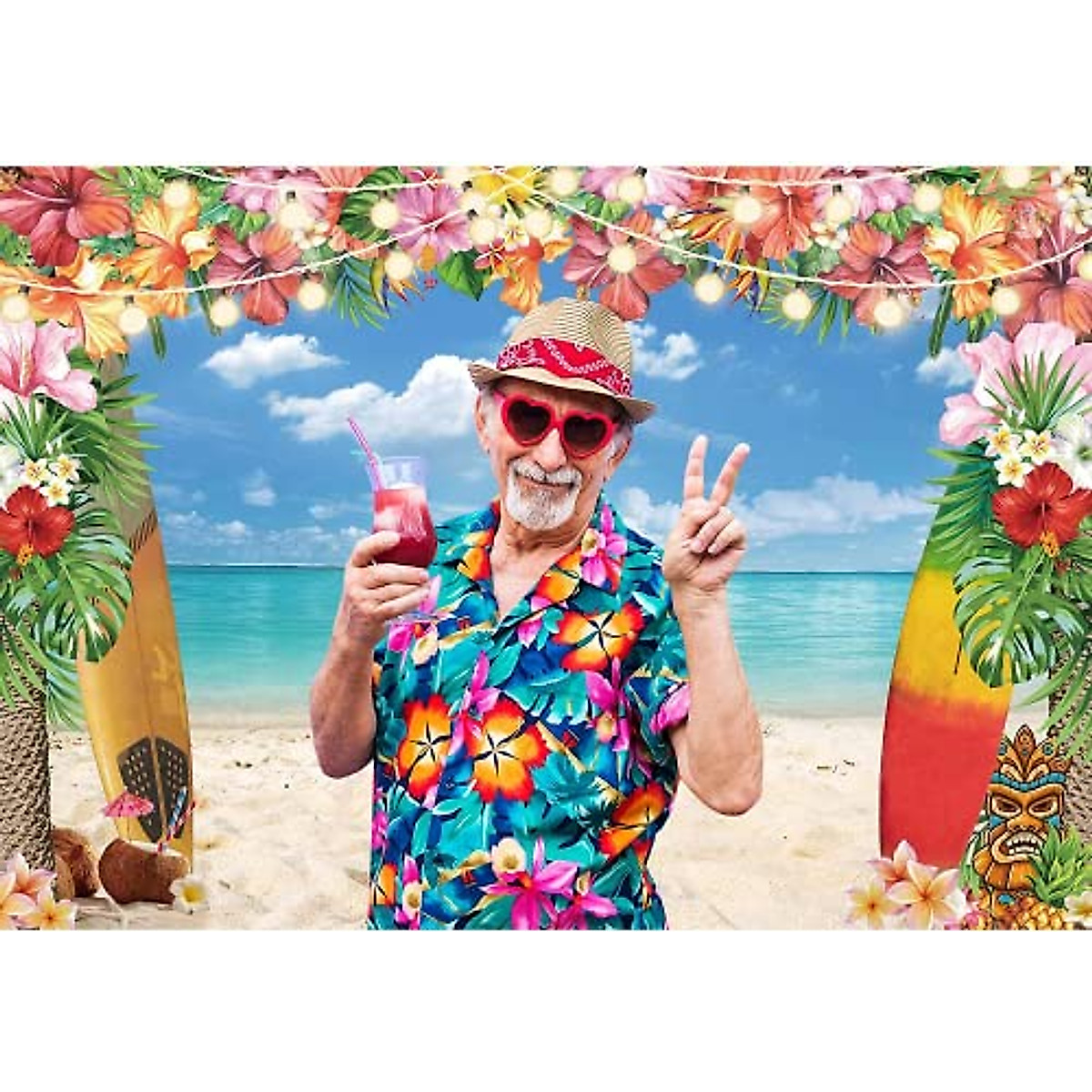 LIVUCEE 7x5ft Fabric Summer Hawaiian Beach Backdrop for Photography Tropical Flower Luau Hawaiian Party Decorations Aloha Blue Sky Ocean Palm Leaves Background Suppiles Photoshoot