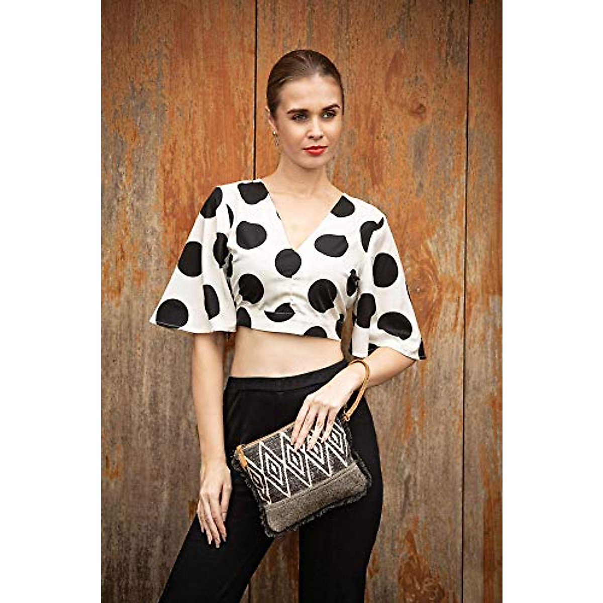 Myra Bag Second Impression Upcycled Canvas & Cowhide Leather Wristlet Pouch Bag S-1261