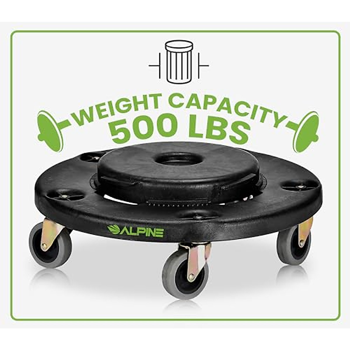 Alpine Rolling Brute Trash Can Dolly - Trash Can Dolly with Wheels/Trash Can Roller Base for Round 20, 32, 44, or 55 Gallon Garbage Bins, Heavy Duty Holds Up to 500lbs (Black)