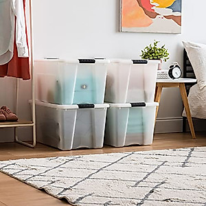 IRIS USA 72 Qt Stackable Plastic Storage Bins with Lids, 4 Pack - BPA-Free, Made in USA - Discreet Organizing Solution, Latches, Durable Nestable Containers, Secure Pull Handle - Pearl