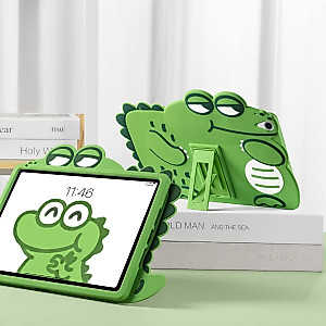 Laetass Cartoon Silicone Child Protective Cover for 2021 iPad Mini 8.3" 6th Gen A2567 A2568 A2569 with Adjustable Stand Cover, Cute Cartoon Little Dinosaur Design Shockproof Silicone Case (Green)