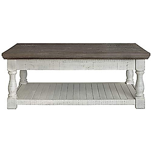 Signature Design by Ashley Havalance Farmhouse Lift Top Coffee Table with Fixed Shelf and 2 Hidden Storage Trays, Gray & White with Weathered Finish