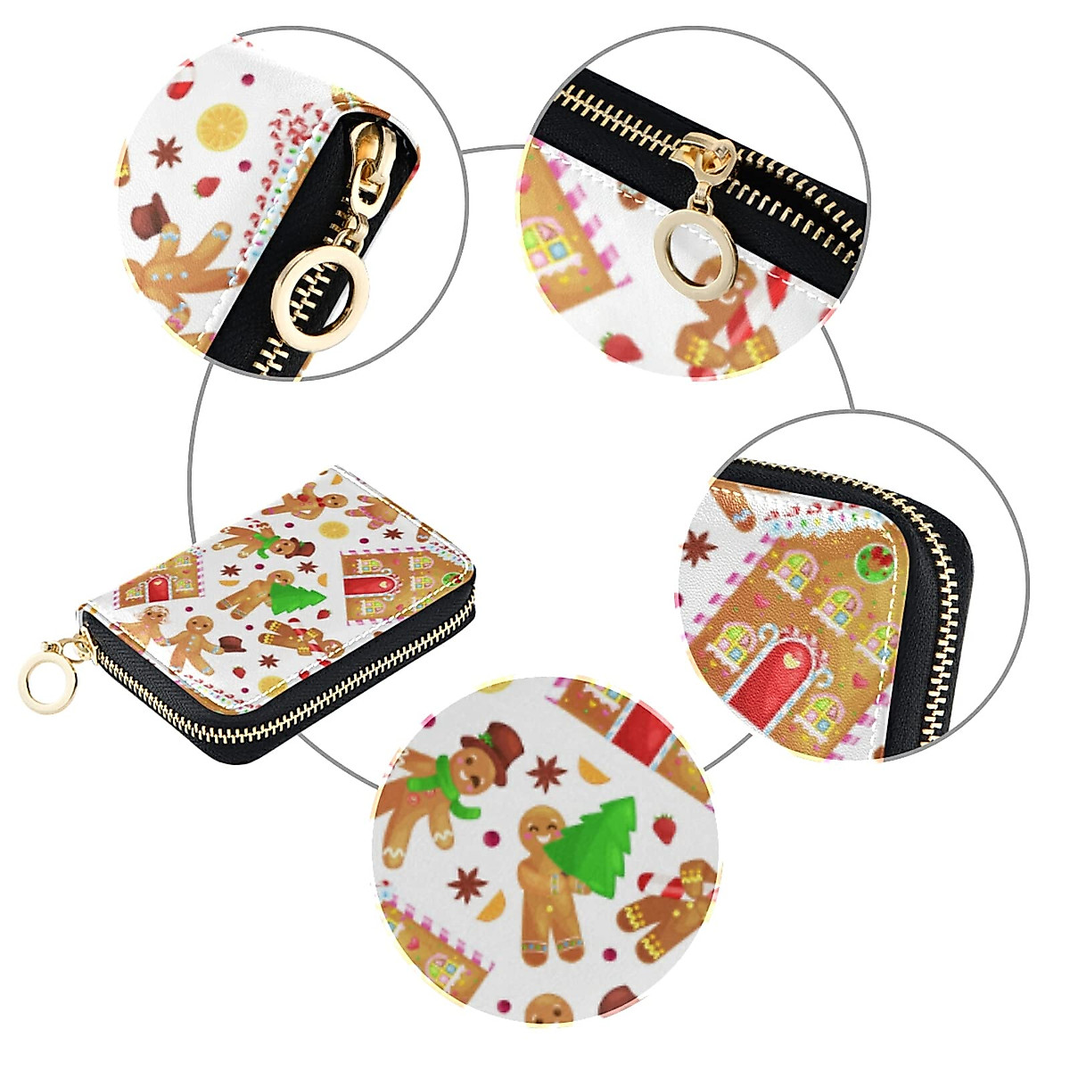 Christmas Cookies Gingerbread Man and Girl Near Sweet HouseGrey Credit Card Coin wallet, RFID Blocking Compact Women Leather Card Holder, Key Change Organizer, Zipper Purse Clutch Pouch