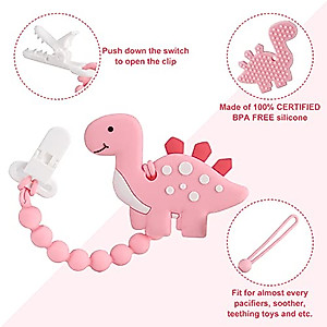Baby Teething Toys for Babies 3-6 6-12 Months, Dinosaur Teether Pain Relief Toy with One Piece Design Pacifier Clip Holder Set, Freezer Safe Neutral Shower Gift for Boys and Girls (Pink)