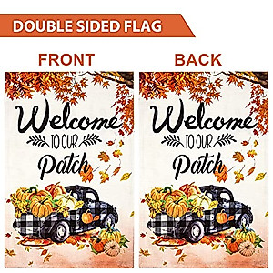 Unves Fall Garden Flag 12.5x18 Double Sided , Fall Porch Decor Burlap Pumpkin with Maple Leaves Welcome to Our Patch, Small Fall Yard Flag for Outside House Harvest Autumn Thanksgiving Decorations