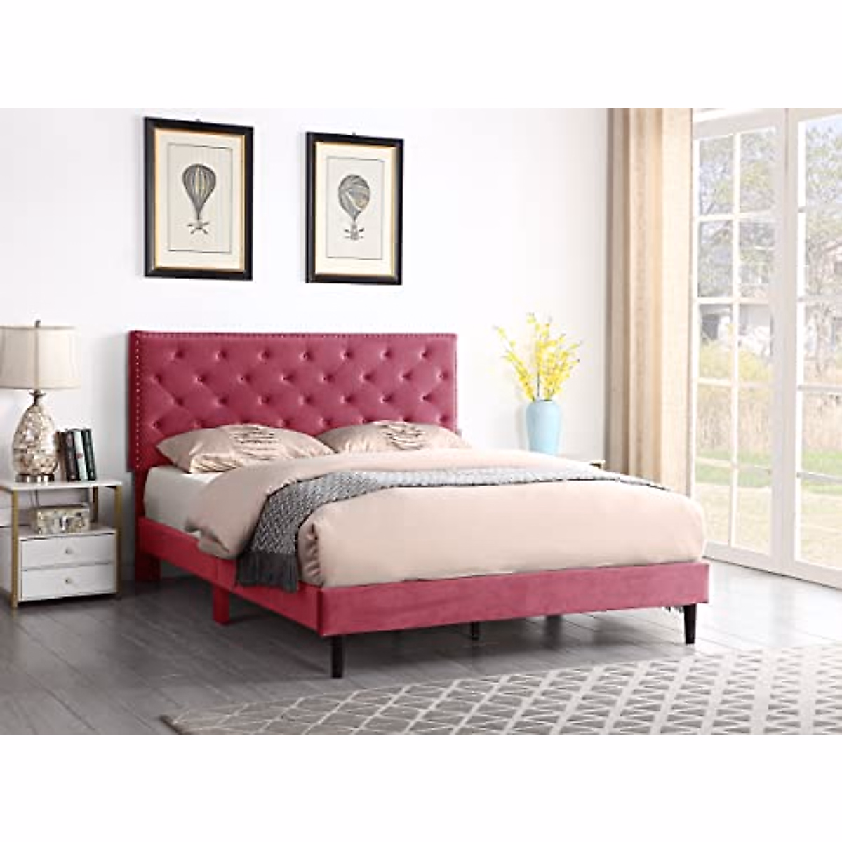 Queen Upholstered Platform Bed Frame with 48" Tall Adjustable Headboard - Button Tufted Suede Velour Bed- Wood Slat Support with Storage Space- No Box Spring Needed - Pink - OLIVER & SMITH - Princeton