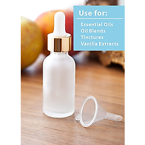 JUVITUS 1 oz Clear Frosted Glass Boston Round Bottle with Gold Metal Dropper (24 pack) + Funnel